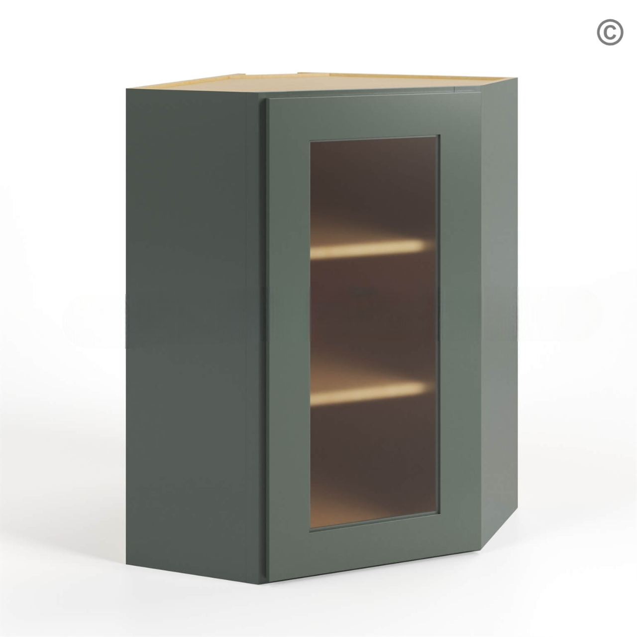 Green Shaker 24″ Diagonal Corner Wall Shelf with Glass Door